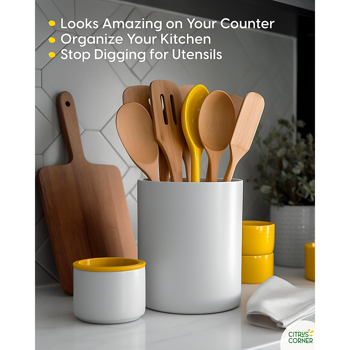Extra Large Utensil Holder for Kitchen Counter - Ceramic Countertop Utensil Holder for Kitchen Utensils | Kitchen Utensils Holder for Countertop | Includes Microfiber Towel (Utensils Not Included)
