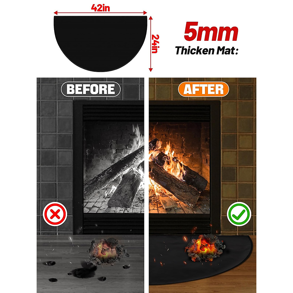 24'' x 42'' Upgraded Thickened Fireplace Mat, Half Round Fire Resistant Mat, Fireproof Rug Retardant Hearth Pad for Fireplace Wood Stove, Protect Floor from Sparks Embers Indoor Outdoor