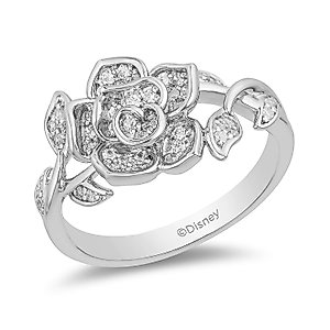Jewelili Enchanted Disney Fine Jewelry Sterling Silver 1/4 Cttw White Natural Diamonds Belle Rose Ring Size 9