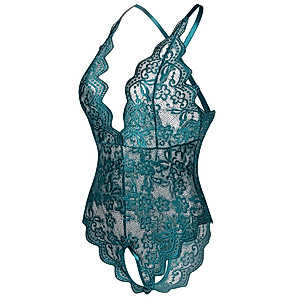 Donnalla Women Lingerie Lace Bodysuit Sexy Deep V Neck One Piece Body Suits Teddy Babydoll Green M