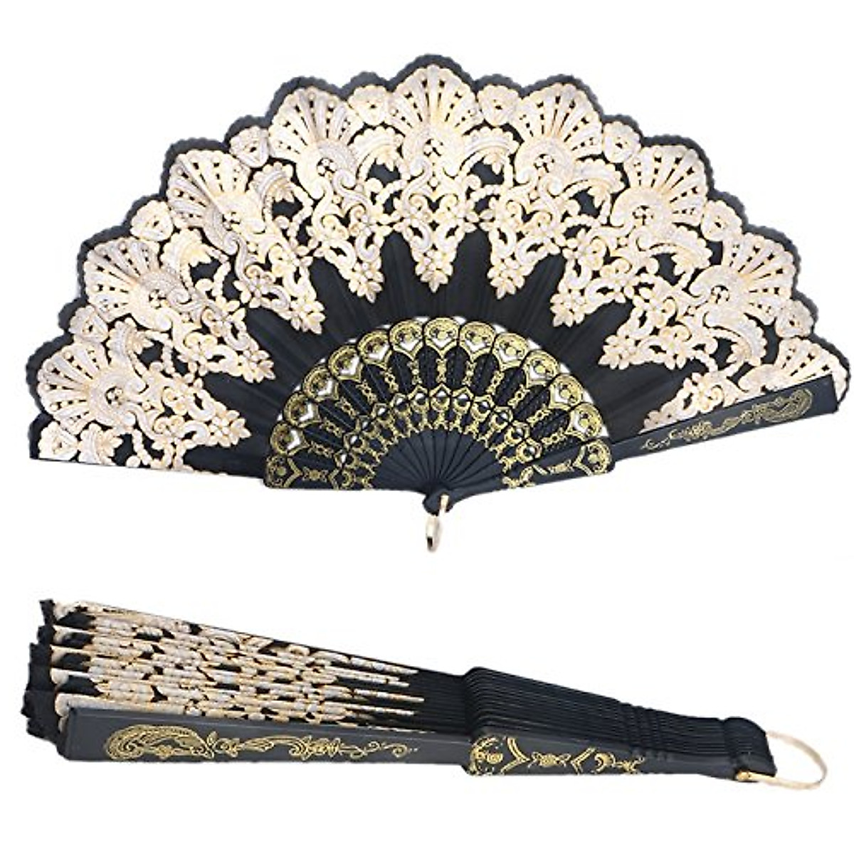 RAZZUM Decorative Folding Fans Black Spanish Style Dance Party Wedding Lace Silk Folding Hand Held Flower Fan Fan