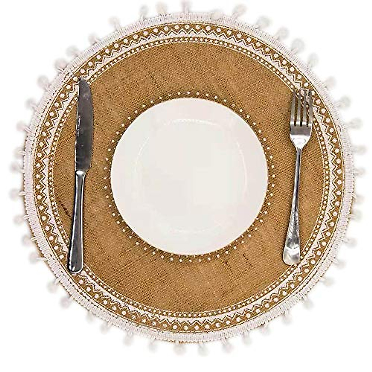CAPASIN Round Placemats Set of 4, Dining Winter Modern Dinner Braided Beige Boho Round Table and Fall Circle Placemats Boho Runner Kitchen Table Plate Mats Set of 4 (White Ball)