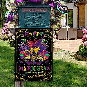 CMEGKE Mardi Gras Masquerade Feather Mask Garden Flag, Happy Mardi Gras Flags, Masquerade Mask Holiday Party Yard Outdoor Decor Vertical Double Sided Burlap Carnival Celebration Classic Holiday Party Farmhouse Yard Home Outside Decor 12.5 x 18 In