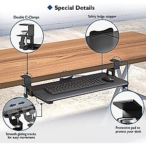BONTEC Keyboard Tray Under Desk, Pull Out Keyboard & Mouse Tray with C Clamp, 25.6“(30” Including Clamps) x 11.8“ Steady Slide-Out Computer Drawer for Typing, Perfect for Home or Office