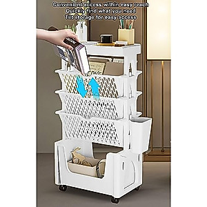 DULRLLY 5 Layer Rolling Book Cart for Teachers Movable Rolling Utility Storage Cart with Wheels Small Book Rack Storage Bookshelf Mobile Book Shelf Bookcase Organizer for Office Classroom(White)