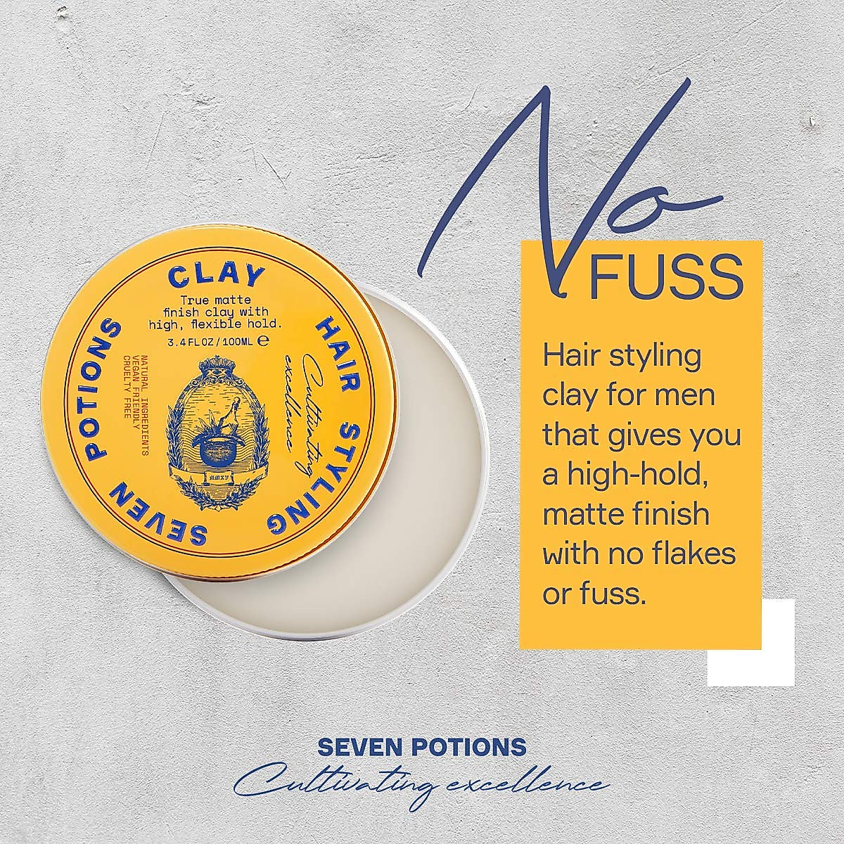 SEVEN POTIONS Hair Clay For Men and Women 3.4 fl oz - High Hold Matte Pomade - Effortless Hair Styling Product That Leaves No Residue - Water Based - Natural, Vegan, Cruelty Free