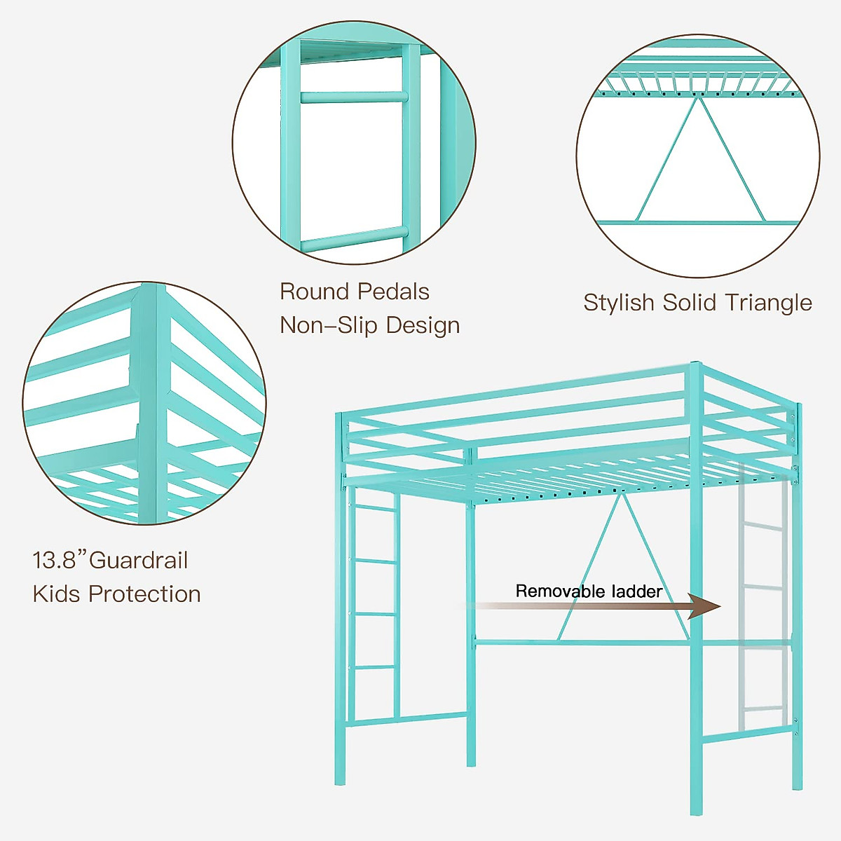ikalido Metal Loft Bed Twin Size with Safety Guardrail and Ladder, No Box Spring Needed Space Saving Bedroom Furniture, Aqua Green