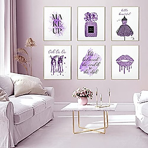 AllBlue Purple Flower Perfume Fashion Wall Art Prints Set of 6 Wall Pictures for Bedroom Makeup Art Girls Room Wall Decor (8"x10" UNFRAMED)