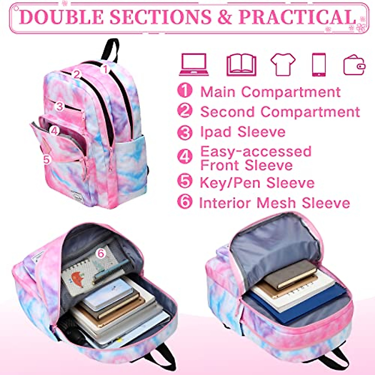 VASCHY School Backpack for Teen Girls, Bookbag Schoolbag Casual Daypack for High School/College/Women/Travel/Work Pink Galaxy