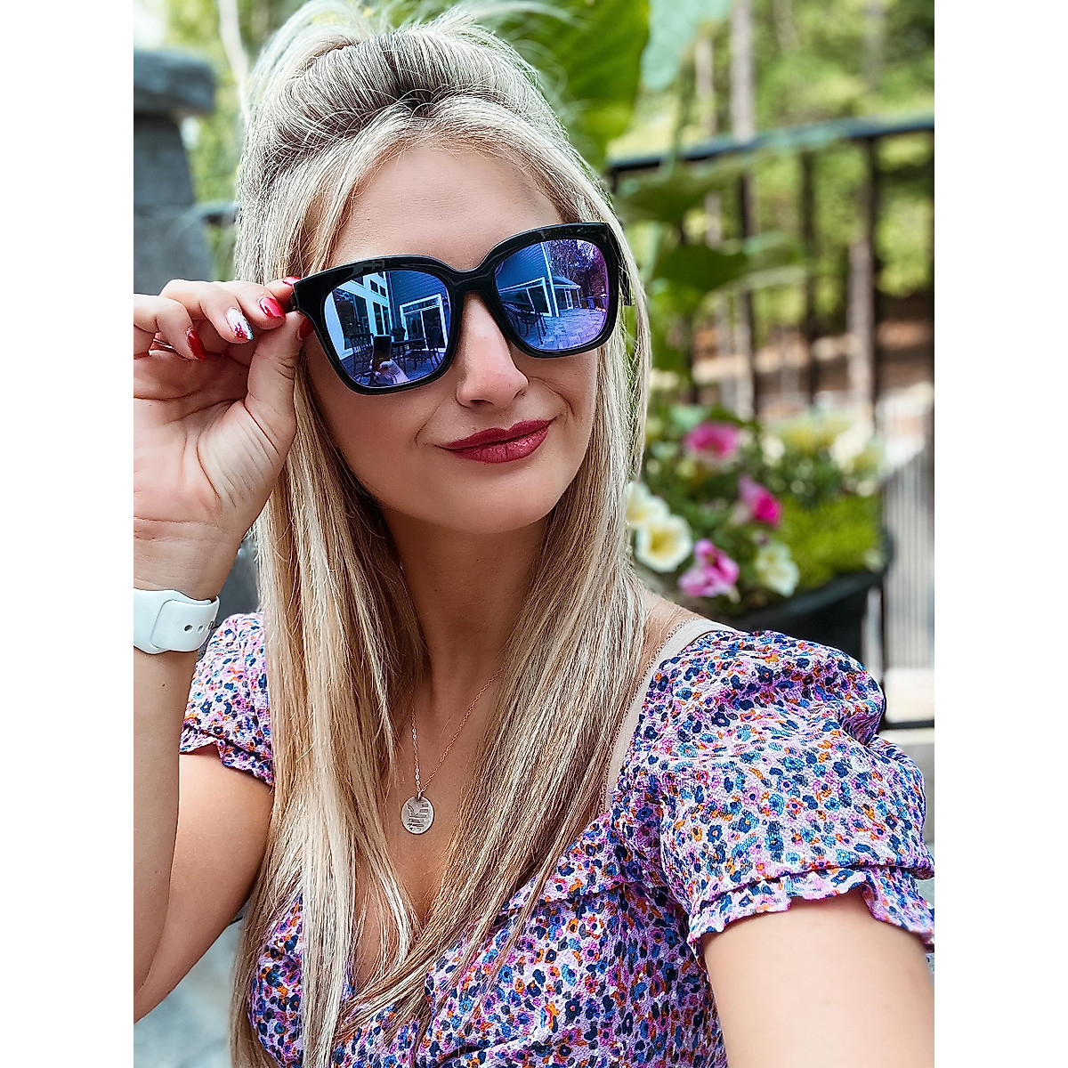 DIFF Bella Designer Oversized Square Sunglasses for Women UV400 Protection, Black + Purple Mirror