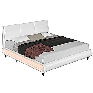 HOSTACK King Size Upholstered Bed Frame with Smart LED, PU Low Profile Sleigh Platform Bed with Adjustable Headboard, Modern Mattress Foundation with Wood Slats, Lights Sync with Music (White, King)
