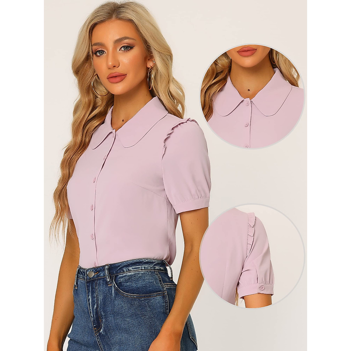 Allegra K Work Collared Top for Women's Peter Pan Collar Short Sleeve Button Front Shirt X-Small Pink