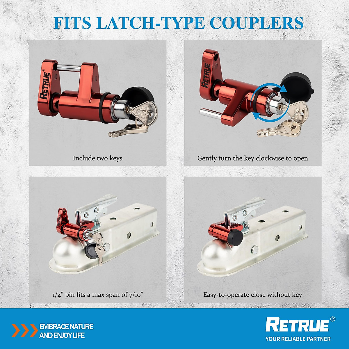 RETRUE Trailer Coupler Tongue Lock with Rubber Cap, Aluminum Alloy Trailer Hitch Lock,Dia 1/4 Inch, 7/10 Inch Span for Tow Boat RV Truck Car's Coupler Easy Lock, Red
