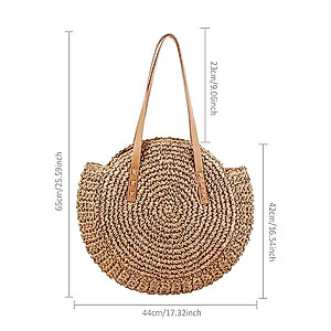 Women's Straw Handbags Large Summer Beach Tote Woven Round Pompom Handle Shoulder Bag(Khaki)