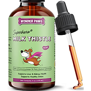 Wonder Paws Milk Thistle, Liver Support for Dogs, Supports Kidney Function for Pets, Detox, Hepatic Support, with Wild Alaskan Salmon Oil & Curcumin, Omega 3 EPA & DHA (4 Oz)