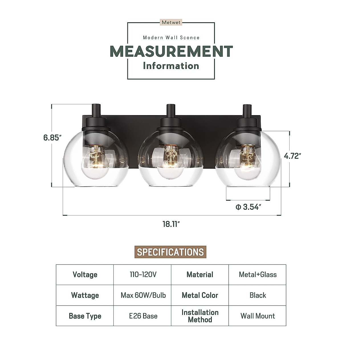 METWET Bathroom Light Fixtures, 3-Light Matte Black Vanity Light, Modern Wall Sconces with Clear Glass Globe Shade, Bathroom Wall Lights for Mirror Kitchen Bedroom Hallway, VL195-MB-3