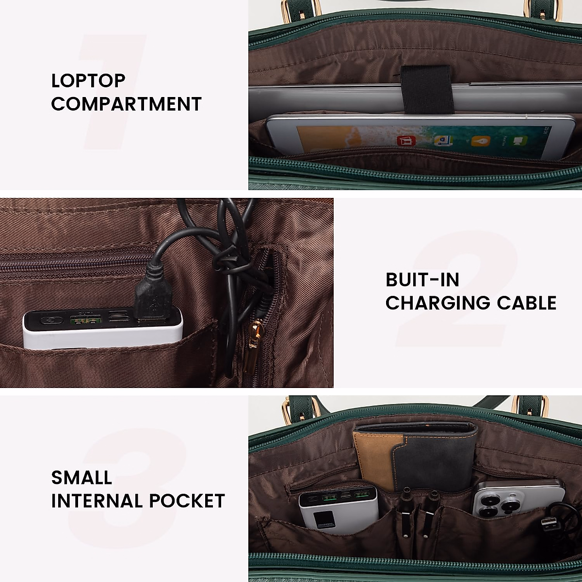 LOVEVOOK Laptop Bag for Women, Fashion Computer Tote Bag Large Capacity Handbag, Leather Shoulder Bag Purse Set, Professional Business Work Briefcase for Office Lady, 2PCs, 15.6-Inch, Deepgreen