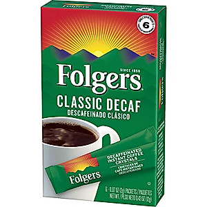 Folgers Classic Decaf Decaffeinated Instant Coffee Crystals, 6 Single Serve Packets (Pack of 12)