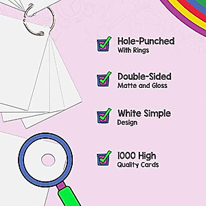 Blank Flash Cards for Studying - 2" x 3" Blank Index Notecards - 1000 Pre Hole Punched White Index Cards with Metal Binder Rings - Blank Flashcards for GMT Prep, Math, and Language