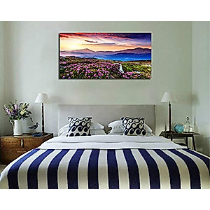 Ardemy Purple Mountain Canvas Wall Art Landscape Picture Prints Modern Painting, Wildflowers Scenery Artwork Ready to Hang for Living Room Bedroom Bathroom Home Office Decor, One Panel Framed 40"x20"