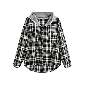 SweatyRocks Women's Long Sleeve Plaid Hoodie Jacket Button Down Blouse Tops Black White Medium