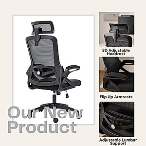 Voohek Ergonomic Swivel Office Wheels and High Breathable Mesh Back, Height Adjustable, Computer w/Flip Up Arms, Lumbar Support & Headrest, Black Chair