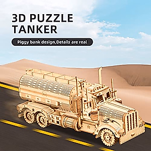 eaclqins 3D Wooden Puzzle Truck Model Kit - Self Build Vehicle Kit, Christmas/Birthday Brain Teasers and Puzzles for Adults and Teens Gift Puzzles. (Tank Truck)