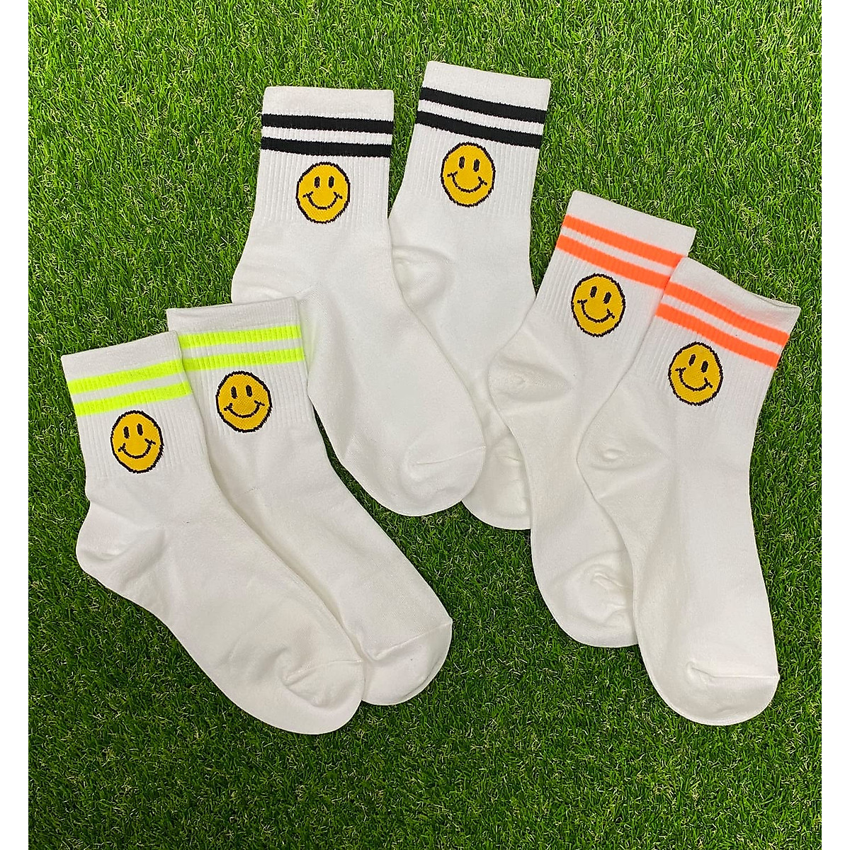 holawit Happy Face Fun Design Positive Smile Quarter Socks with Neon Double Stripes for Women 3P Set