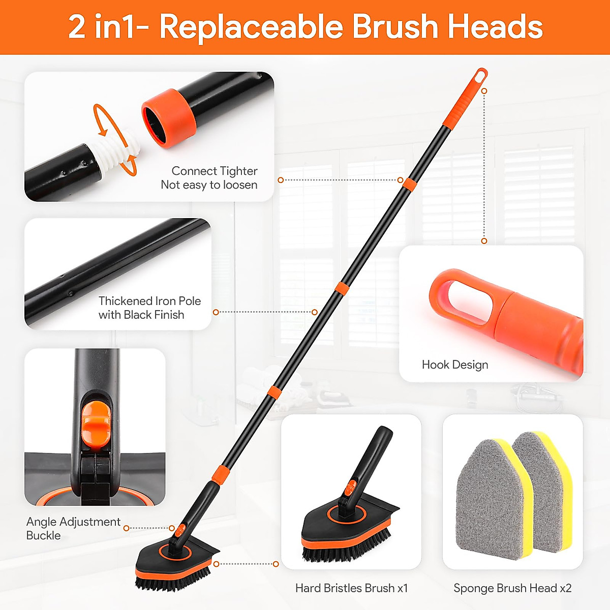 Shower Cleaning Brush, Shower Scrubber for Cleaning with Long Handle Squeegee Brush Stiff Bristles Scrub Brush for Cleaning Bathtub Shower Bathroom Kitchen Toilet Wall Glass Tub Tile Sink