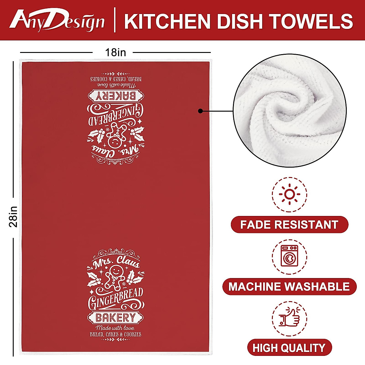 AnyDesign Merry Christmas Kitchen Towel Red Farmhouse Dish Towel 18 x 28 Inch Gingerbread Sleigh Rides Tea Towel Hand Drying Towel for Home Party Cooking Baking, 2 Packs