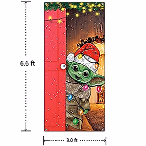 Funny Christmas Door Cover Cute Baby Yo-da Christmas Door Sign Banner Star Funny Wars Merry Christmas Door Decoration Santa Yo-da Christmas Backdrop for Door Wall Window 6.6 x 3 ft