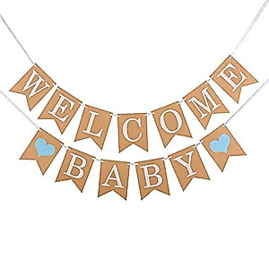 Blue, Boy Baby Shower Decoration Set, Rustic Welcome Baby Banner, 2 - Blue Metallic Curtains, Gold, Blue and White Baby Shower Decor Kit, Blue and White Balloons