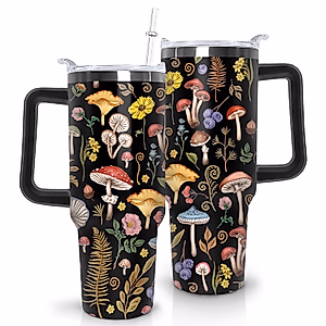 thmasamwr Mushroom Tumbler with Lid and Straw, Stainless Steel Mushroom 40oz Tumbler with Handle, Black Mushroom Travel Coffee Mug Mushroom Gifts Cups for Women and Men