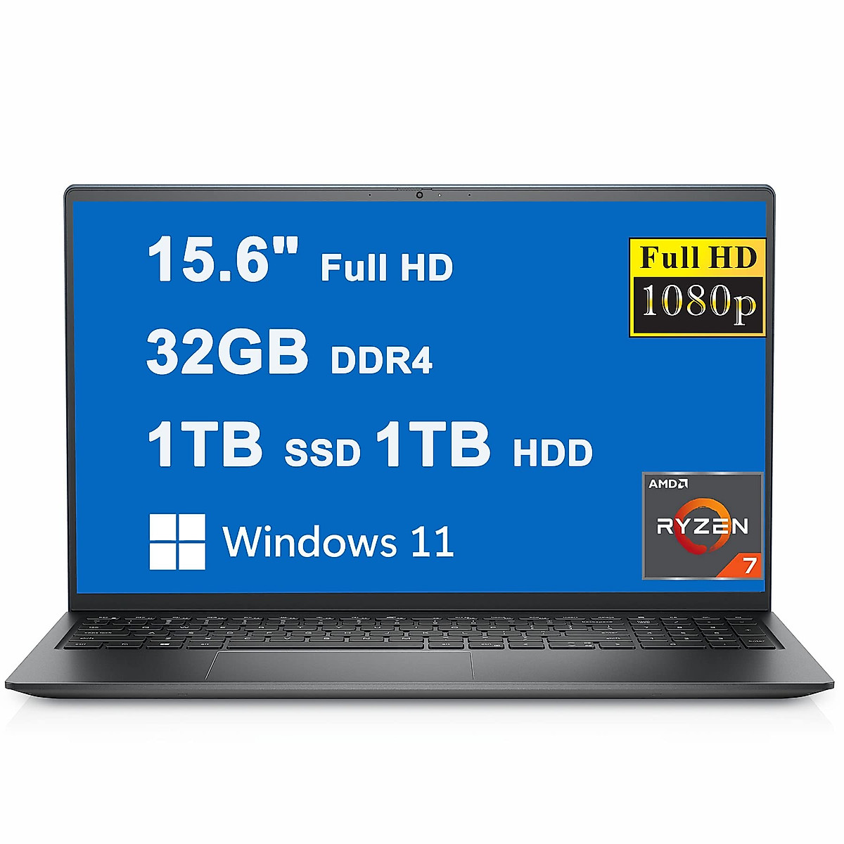 Dell Inspiron 15 3000 3525 Business Laptop I 15.6" Full HD 120Hz Anti-Glare Narrow Border WVA Display I AMD 8-Core Ryzen 7 5825U I 32GB DDR4 1TB SSD + 1TB HDD I HDMI MaxxAudio Win11 Carbon Black