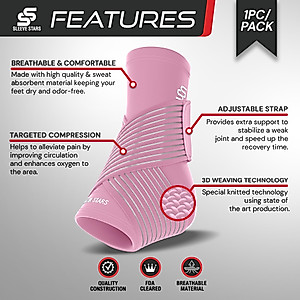 Sleeve Stars Ankle Brace for Sprained Ankle, Plantar Fasciitis Relief Ankle Support for Men and Women, Ankle Compression Sleeve w/ Strap (Single/Baby Pink)