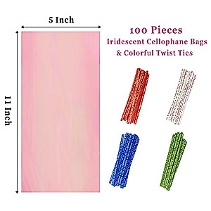 Yotelab Cellophane Treat Bags, 5x11 Inches Iridescent Holographic Cellophane Goodie Bags, Party Favors Bags with Twist Ties,100Pieces
