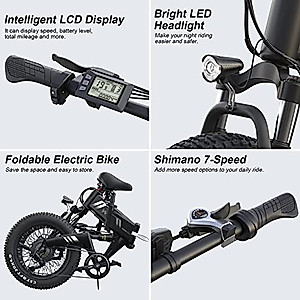 Wooken Electric Bike, 20'' Fat Tire for Adults, 500W Folding with 48V 10Ah Battery, Shimano 7 Speed Gears, Dual Shock Absorber, 20MPH Ebike Commute Mountain Beach Snow.