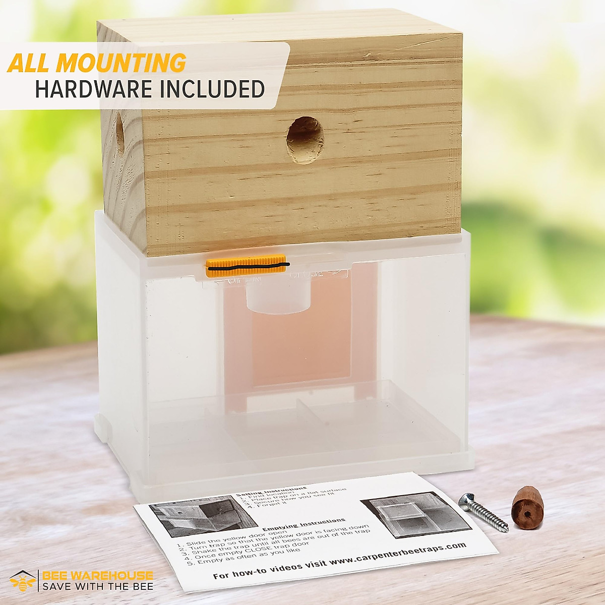 Bee Warehouse - Carpenter Bee Trap - Wood Boring Bee Trap - Unique Catch & Release Outdoor Carpenter Bee Trap - Includes Hanging Hardware & 5 Bee Dams
