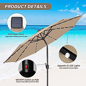 YSSOA 9' Solar 32 Lighted Patio Table Market Push Button Tilt/Crank Outdoor Umbrella for Garden, Deck, Backyard and Pool, 9ft-LED, Tan—LED