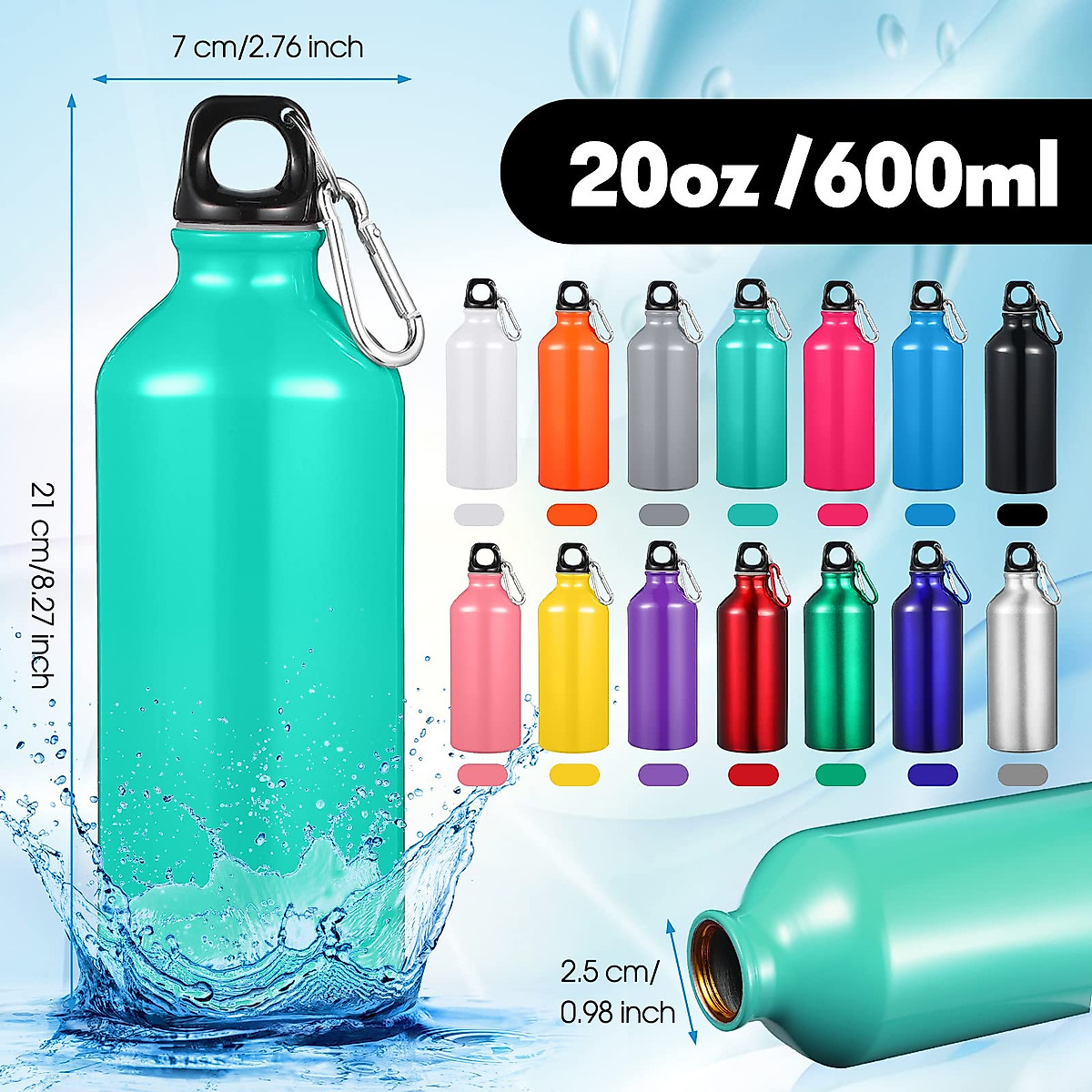 Tanlade 14 Pack Aluminum Water Bottles Bulk 20 oz Lightweight Reusable Blank Water Bottles Gym Sports Bike Leak Proof Bottles with Twist Cap Buckle for Travel Camping Running Cycling Outdoor, 14 Color