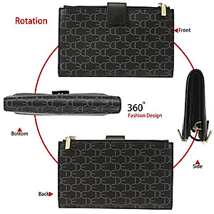 ENYISDAN Women Wristlet Clutch Wallet Long RFID Blocking Leather Wallet Multi Card Zipper Wallet with Credit Card Case Zipper Pocket Holder (black background/gray and white letters)