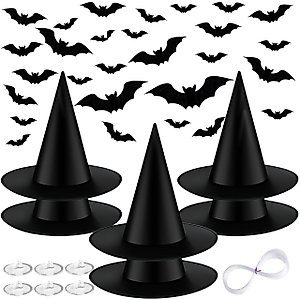 OCTERIC 6 Pcs Halloween Black Witches Hats 16 Pcs 3D Bats, Floating Witch Hat Costume Accessories Wizard Hats Bulk for Women Kids Porch Decorations Indoor Outdoor Decor Party Favors
