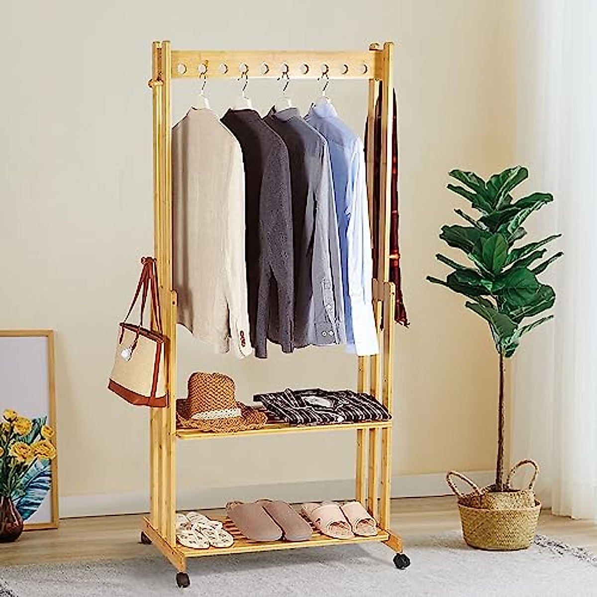 INTOBOO Bamboo Garment Rack, Clothes Hanging Rack with 2 Tier Storage Shelves, Heavy Duty Clothing Rack & Storage Organizer, Movable & Easy to Assemble