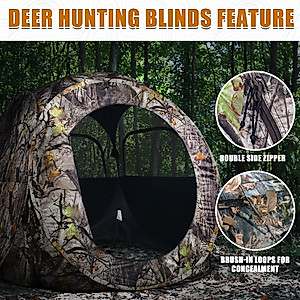 Hunting Blind 1 Person, 270 Degree See Through Pop up Ground Blinds for Deer Turkey Duck Hunting, Bow Hunting Accessories, Double Side Zipper Window(Camouflage-White)