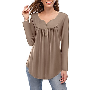 Beauhuty Womens Long Sleeve Tops Casual Henley V-Neck Loose Fit Pleated Tunic Shirt Blouses (Long-Light Coffee,S)