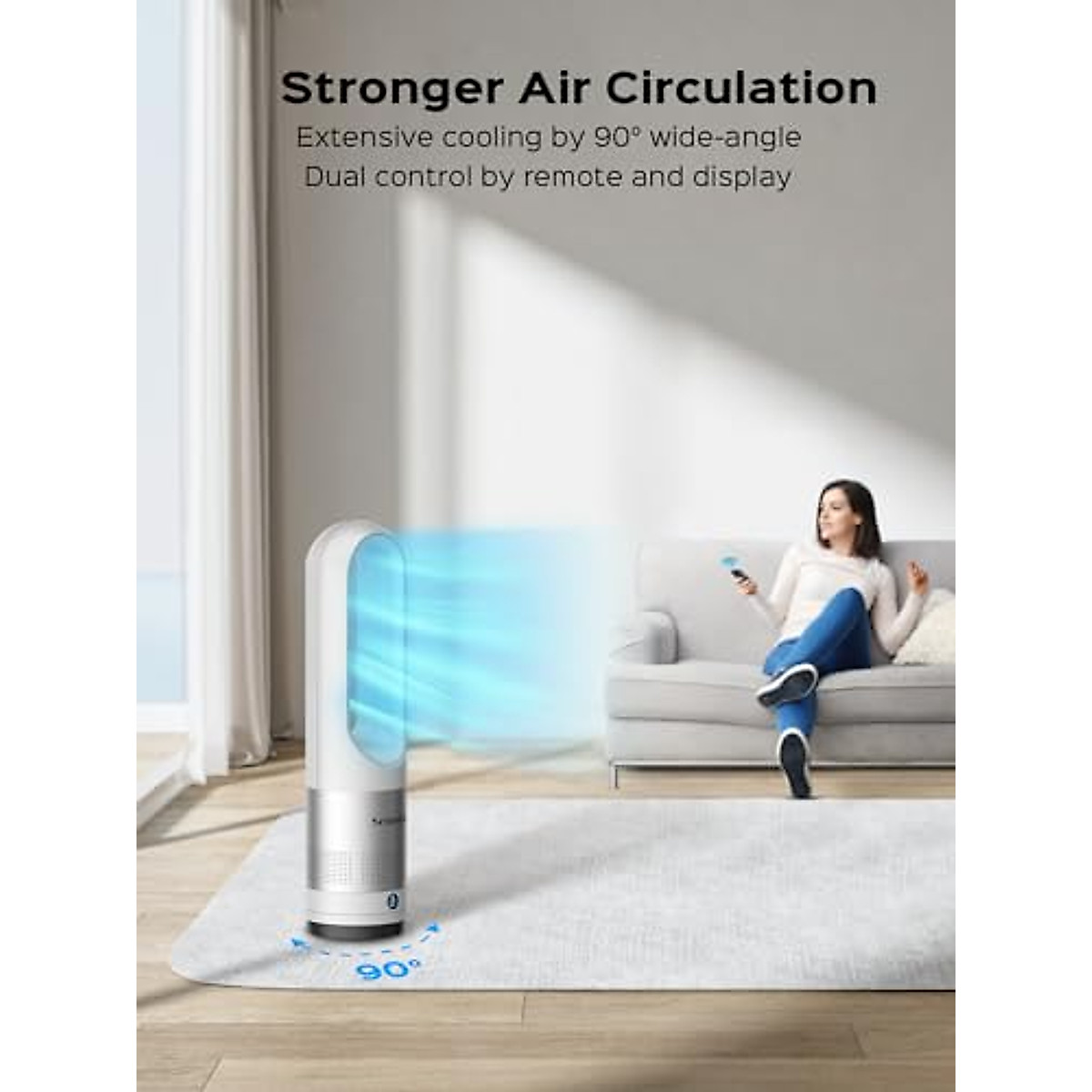 Senmeo Bladeless Fan for Bedroom, 22" Quiet Bladeless Tower Fan with Remote, 90° Oscillating, 8 Speeds, 9 Hour Timer, LED Display with Auto Off, Easy to Clean, Portable Standing Fan for Home, Office