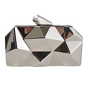 QZUnique Lattice Metal Handbag Geometric Evening Bag Abstract Stone Cut Chain Clutch Purse for Women