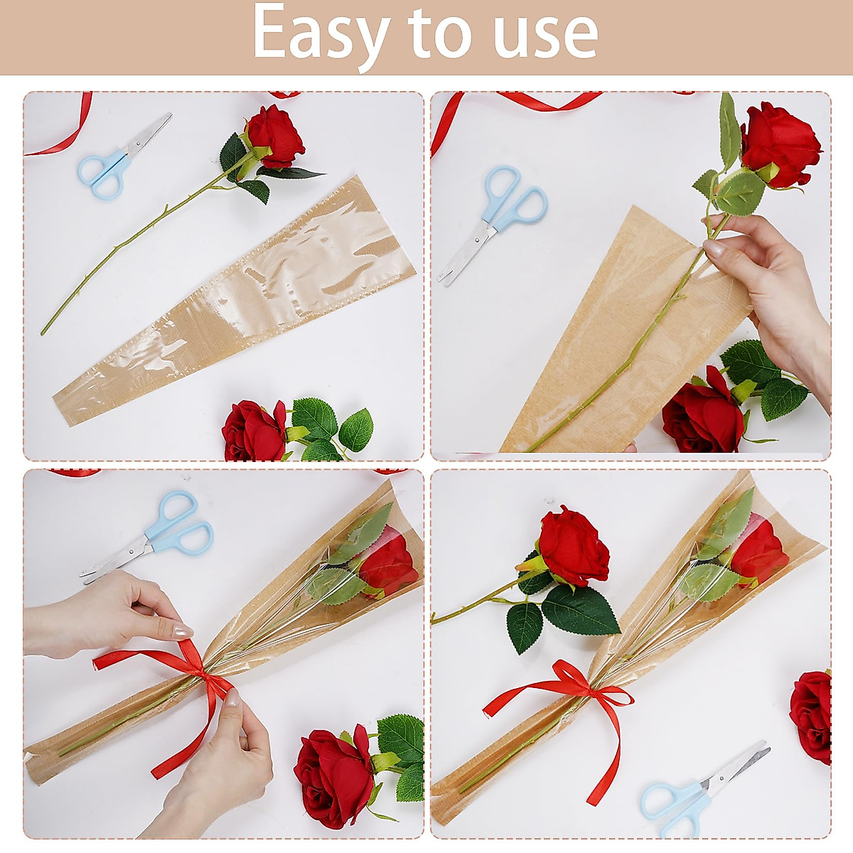 50Pcs Single Rose Sleeve Flower Wrapping Bags Kraft Paper Flower Wrapping Paper Single Floral Sleeves Flower Rose Bouquet Wrapping Sleeves Flower Wrap Bags for Mother's Day Wedding Bouquet Valentine's Gifts (Brown, 5x15.75in)