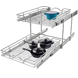 OCG 2 Tier Pull Out Cabinet Organizer (14" W x 21" D), Pull Out Drawers for Kitchen Cabinets, Pull Out Shelves for Base Cabinet Organization in Kitchen Bathroom Pantry, Chrome Finish