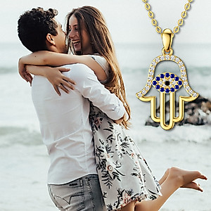 Hamsa Hand Pendant Necklace for Women, Real 14K Gold Evil Eye Pendant with Shiny Sapphire Lucky Protection Jewelry for Her, Wife, Mom, Girlfriend, 18"